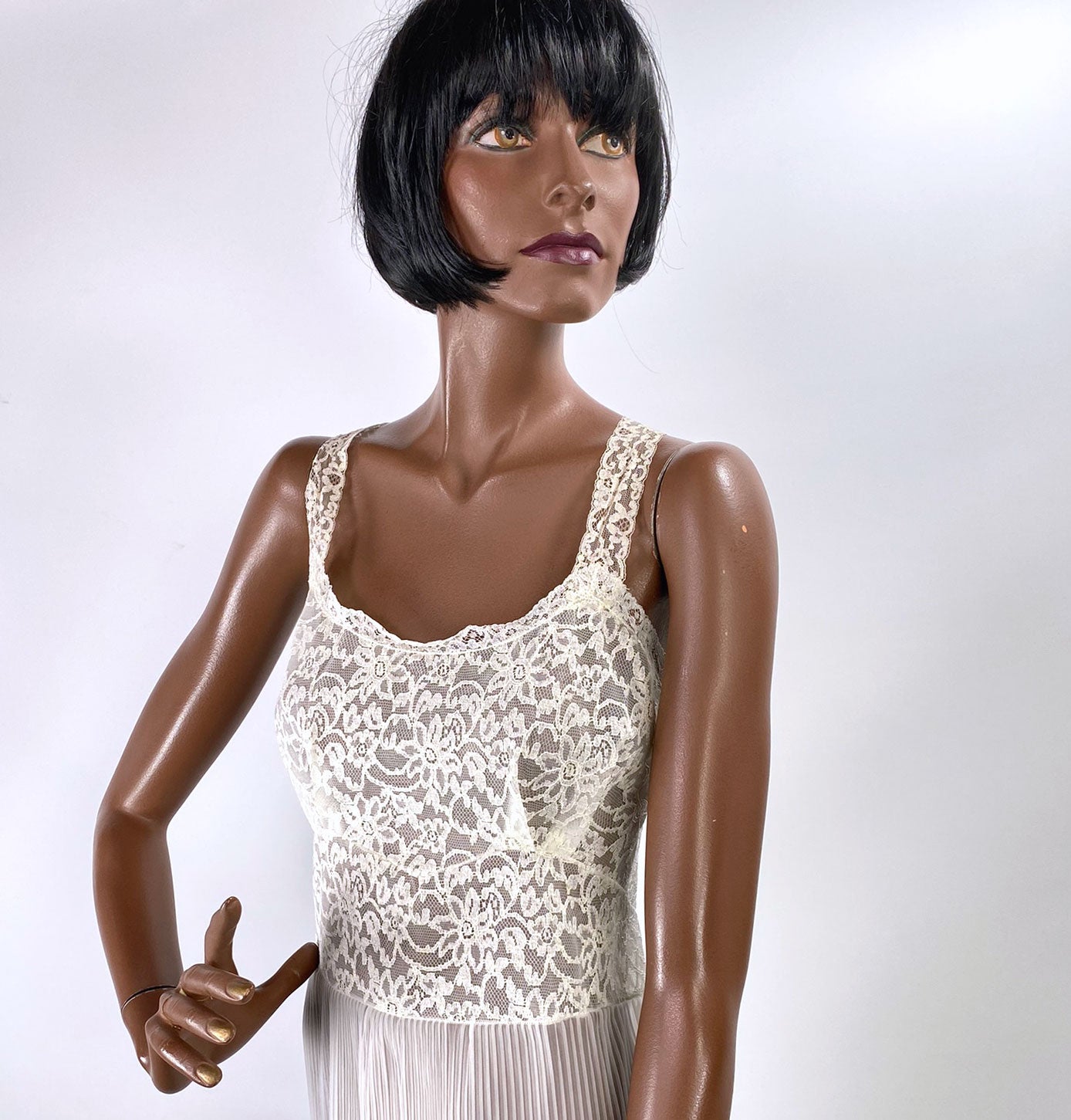 Women's 50s Vintage White Nylon Full Slip Lace & Crystal Pleats M/L Ar ...