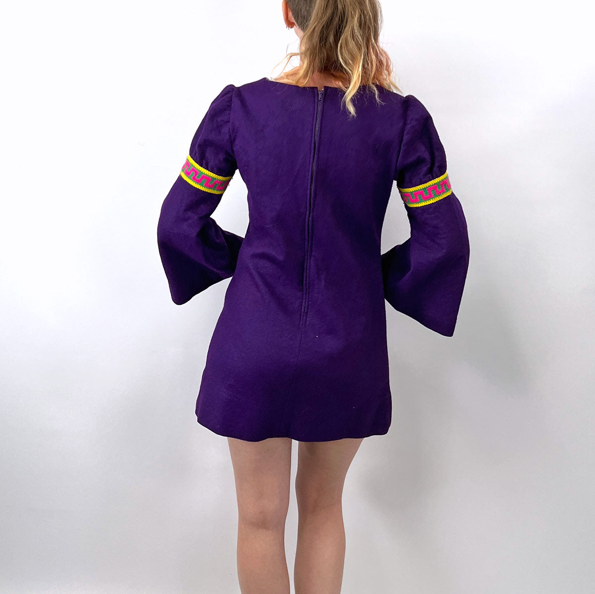 Vintage 60s Purple Felt Mini Dress Bell Sleeves S/XS Hippie Boho VFG ...